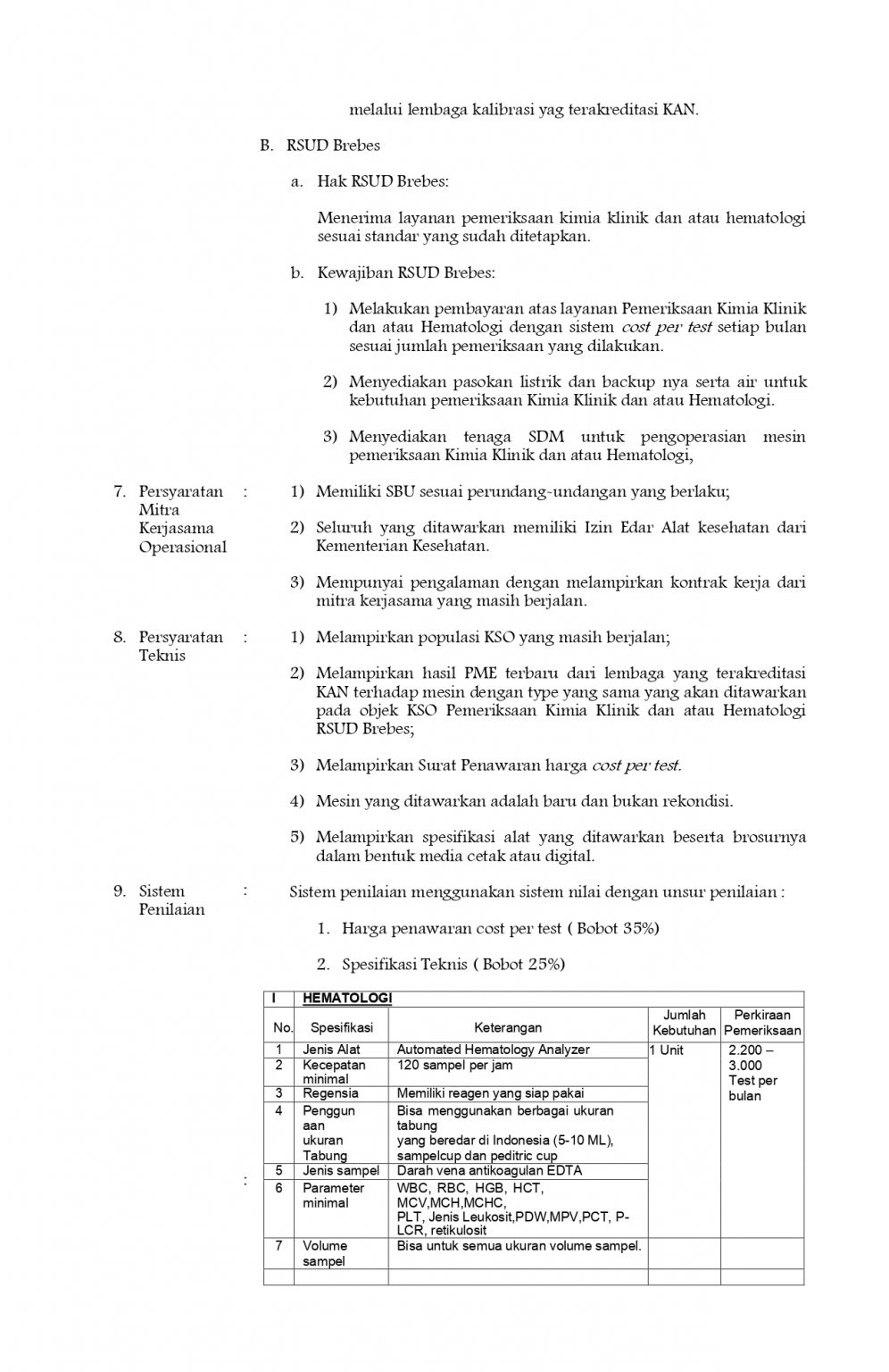 PENGUMUMAN SELEKSI MITRA KSO PEMERIKSAAN KIMIA KLINIK DAN HEMATOLOGI RSUD BREBES 2023 - RSUD Brebes