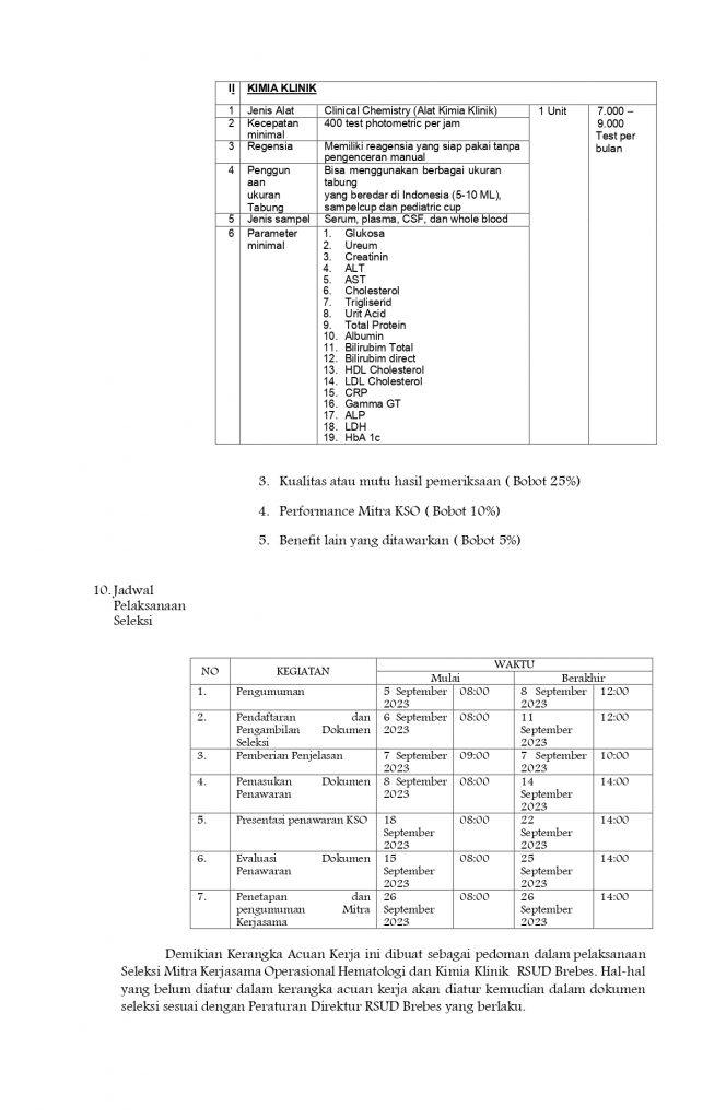 PENGUMUMAN SELEKSI MITRA KSO PEMERIKSAAN KIMIA KLINIK DAN HEMATOLOGI RSUD BREBES 2023 - RSUD Brebes