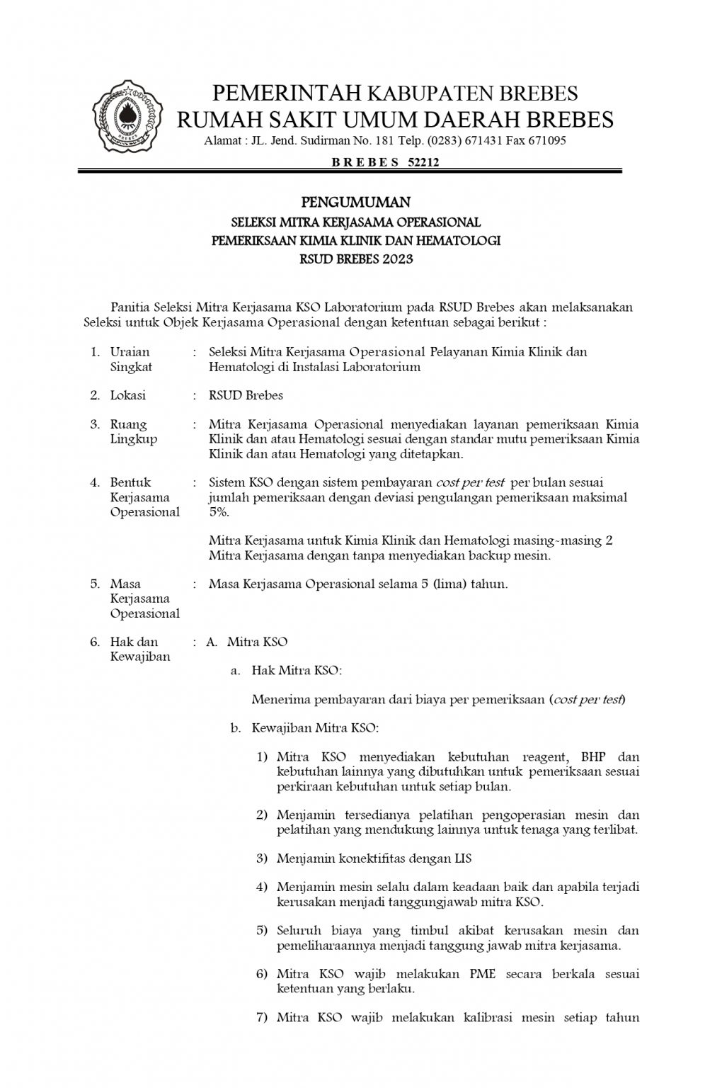 PENGUMUMAN SELEKSI MITRA KSO PEMERIKSAAN KIMIA KLINIK DAN HEMATOLOGI RSUD BREBES 2023 - RSUD Brebes